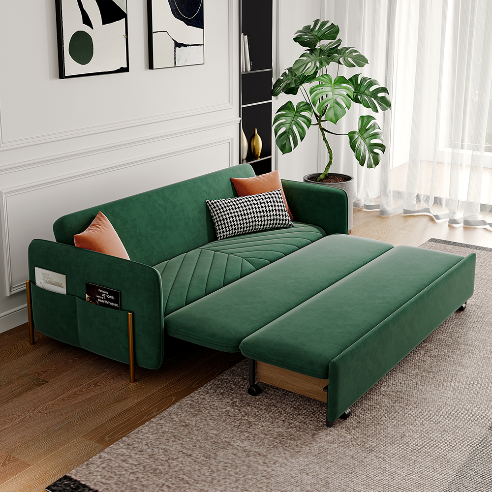 Hernest Dark Green Velvet Upholstered Folding Sofa Bed with Storage