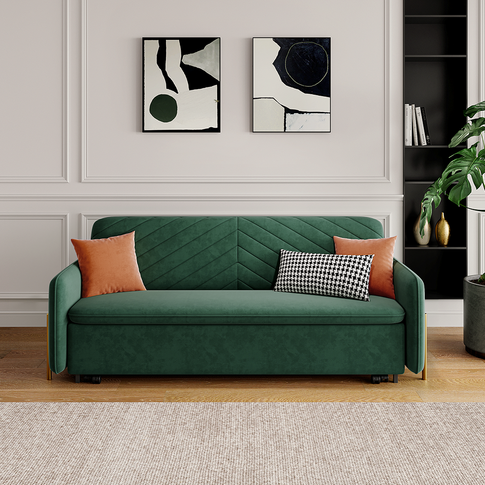 Hernest Dark Green Velvet Upholstered Folding Sofa Bed with Storage