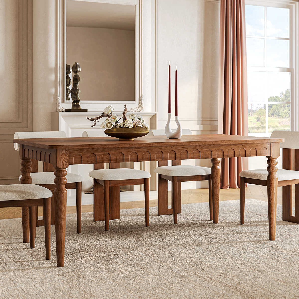 70 Inch Mid Century Rectangle Dining Table with Roman Column Design Ash Wood Legs for 4 Seats and 6 Seats in Walnut Hernest