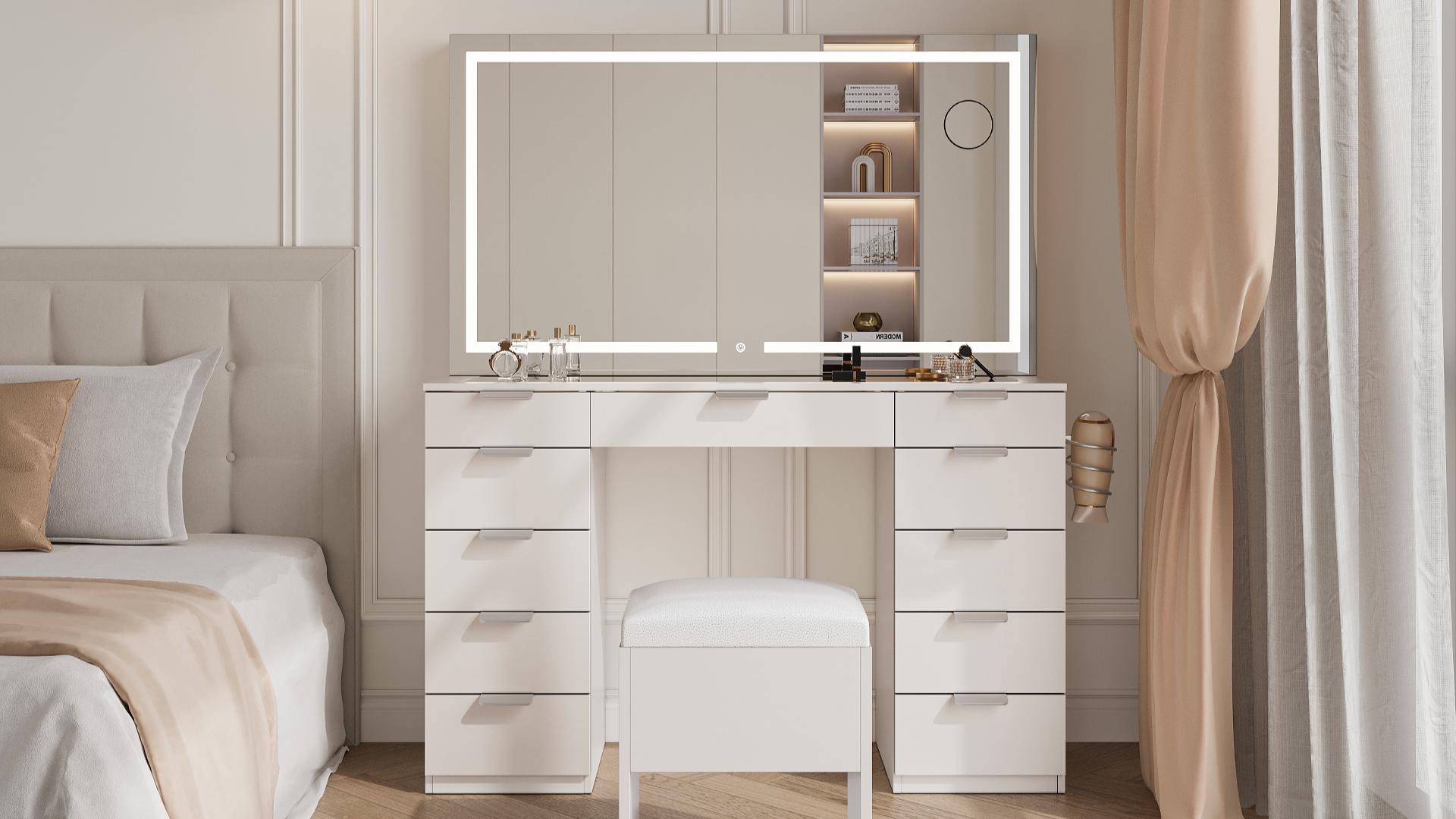 Yitahome | Vanity Desk Set With Led Lighted Mirror And Power Outlet White