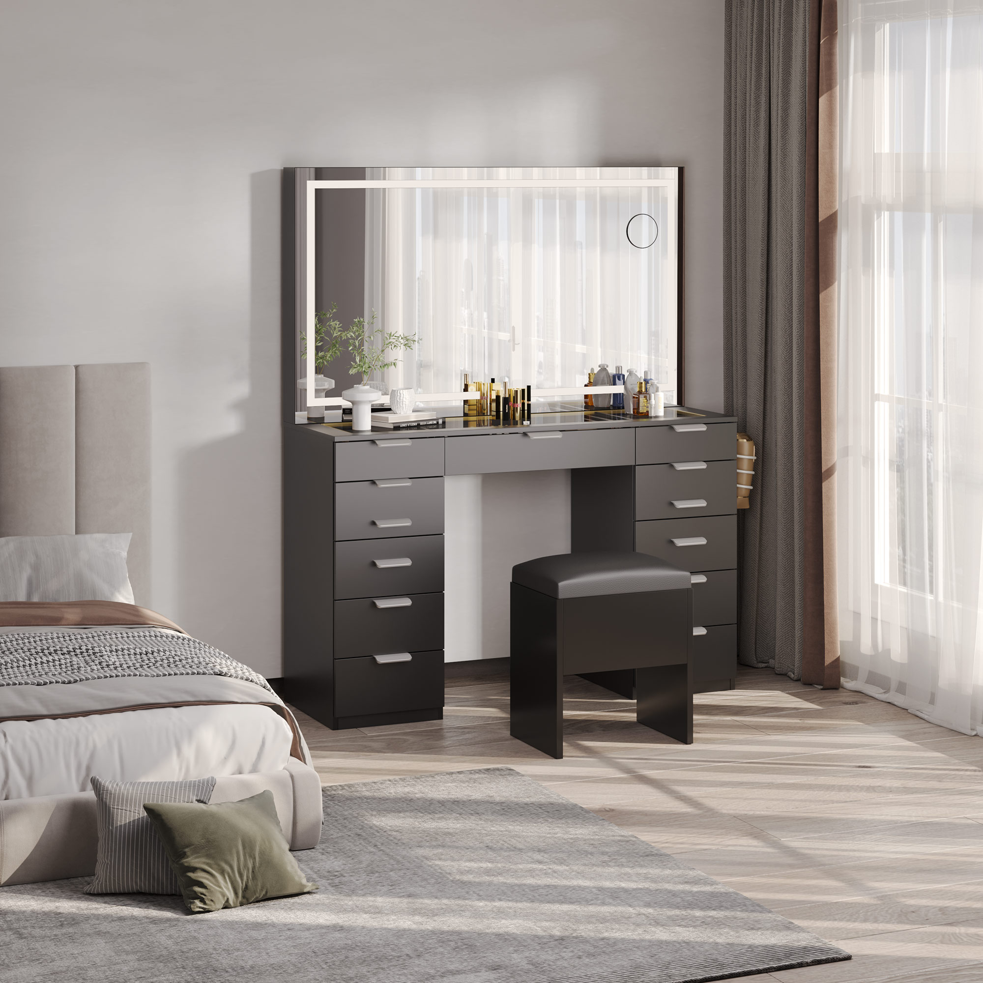 Yitahome | Vanity Desk Set With Led Lighted Mirror And Power Outlet Black