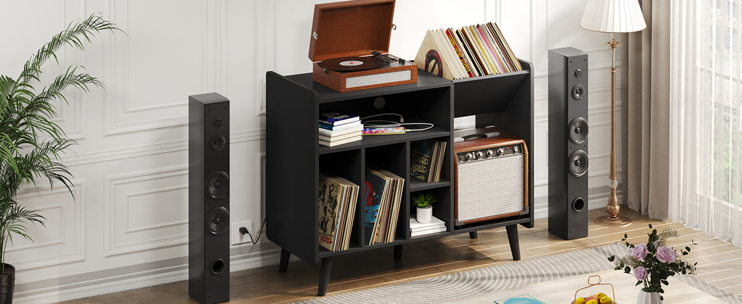 Yitahome | Wooden Vinyl Record Player Stand Multimedia Media Shelves ...