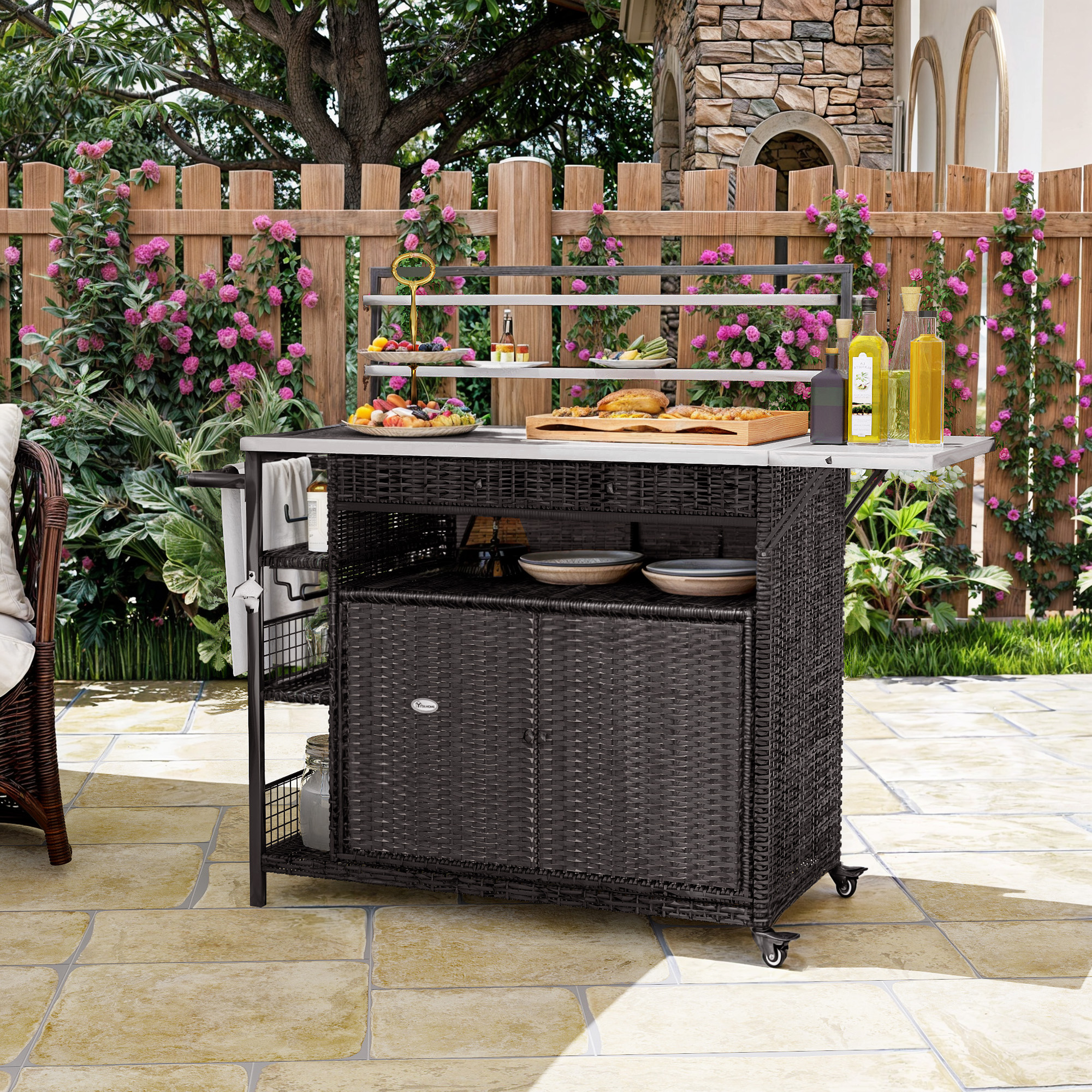 Wicker Barbecue Cart 52.8 Outdoor Grill Cart With Extension Table ...