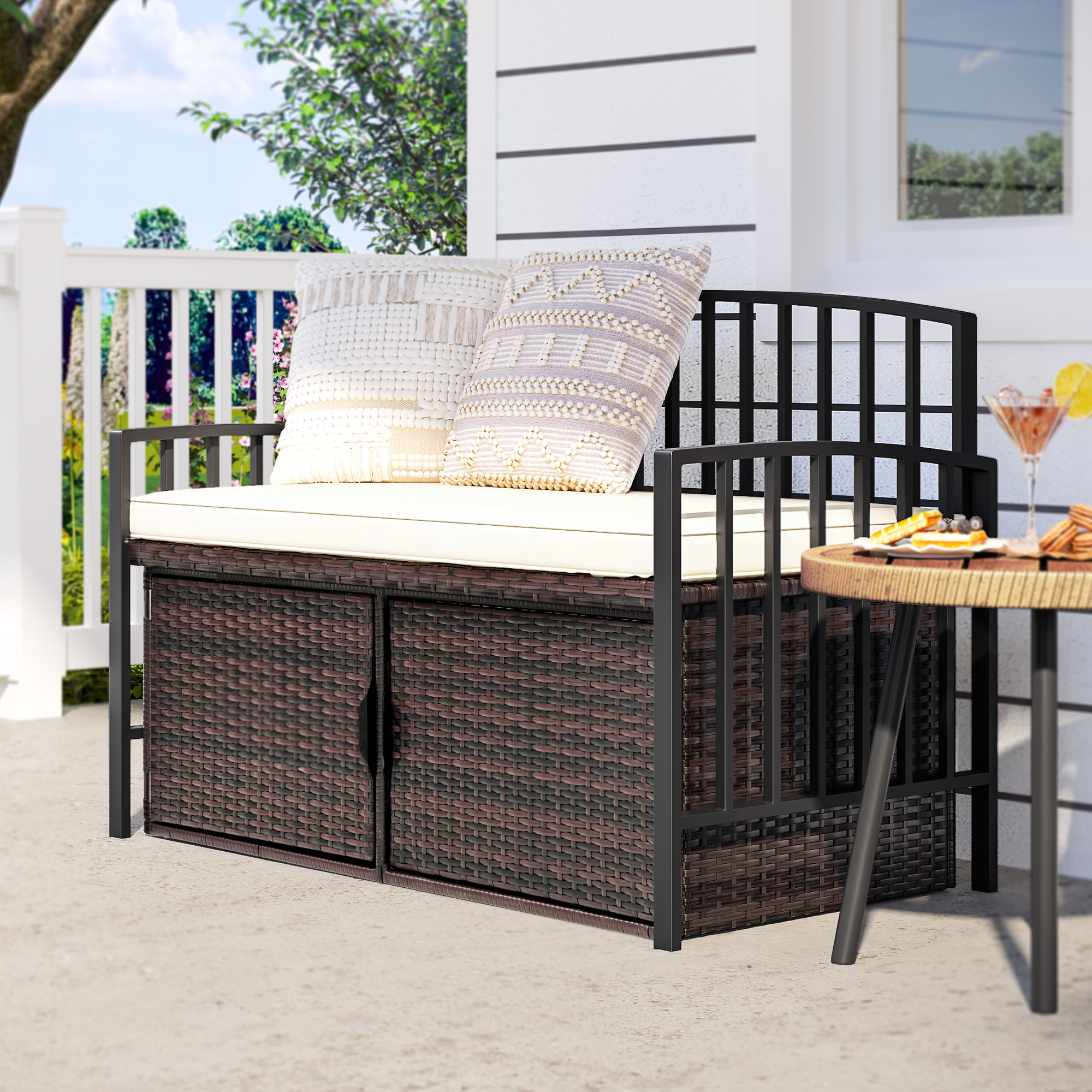 Better homes & gardens camrose farmhouse outdoor bench with wicker storage box store