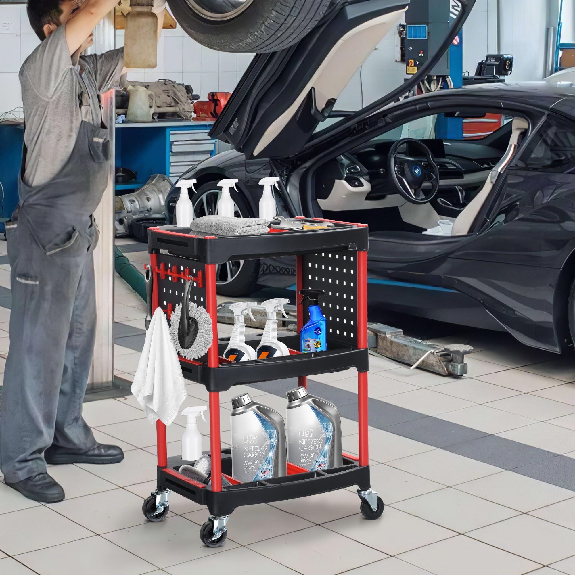 Garage Organization Cart With Wheels 3-Tier Auto Detailing Cart With ...