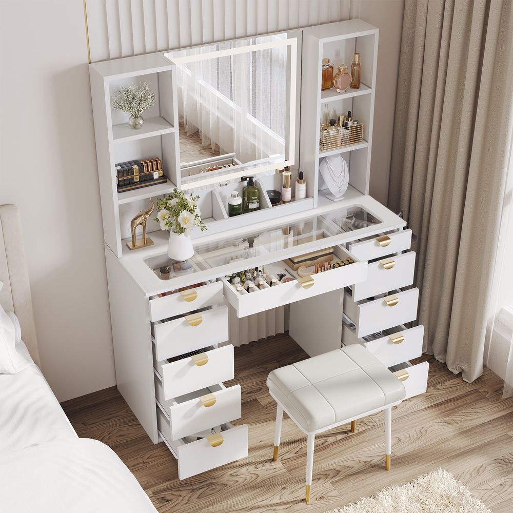 Hernest | Large Makeup Vanity with LED Mirror, 11 Drawers, 6 Spacer ...