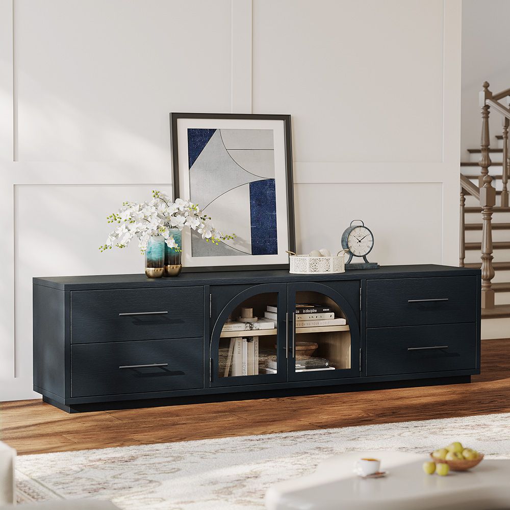 Hernest | 70" Arched TV Stand with Arch Design Glass Door Cabinets & 4 ...