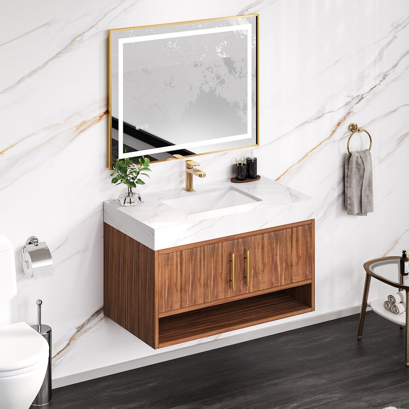 Milie 36 Inch Modern Floating Single Sink Bathroom Vanity With Marble Countertop Walnut - Hernest