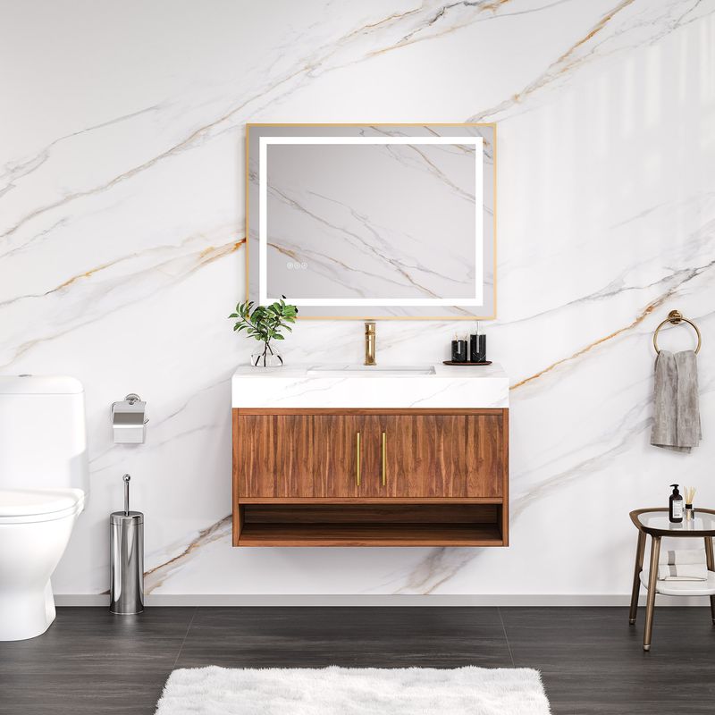 Milie 36 Inch Modern Floating Single Sink Bathroom Vanity With Marble Countertop Walnut - Hernest