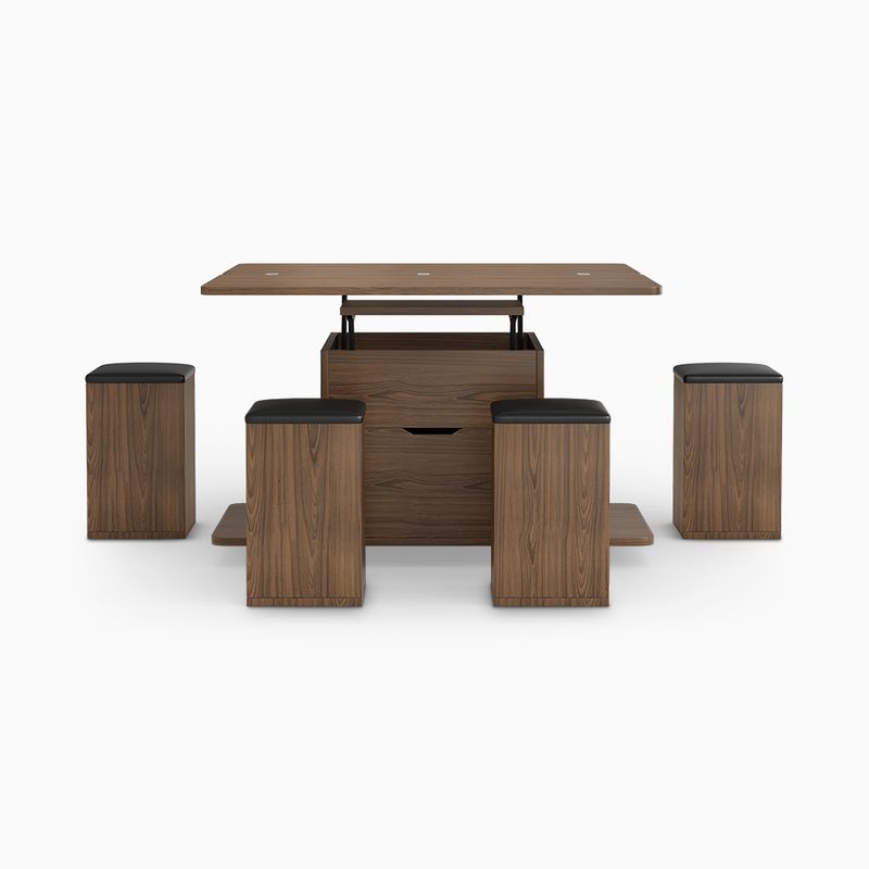 Hernest | Walnut Lift-top Storage Coffee Table with 4 Leather Stools