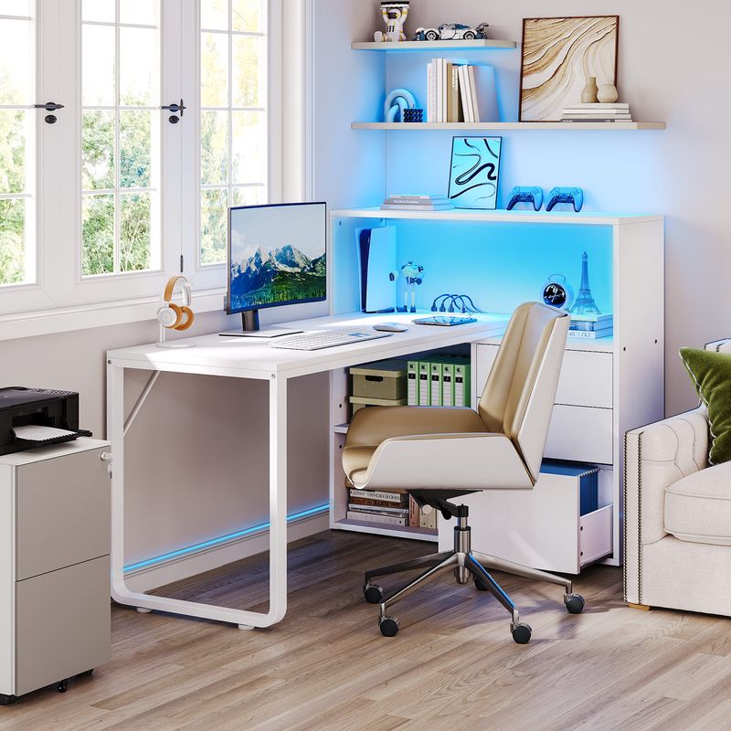 Yitahome | 55" L Shaped Corner Computer Desk with LED Bookshelf and ...