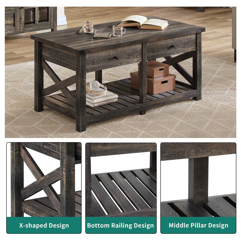 Yitahome | Farmhouse Rectangular Rustic Oak Coffee Table with Storage ...