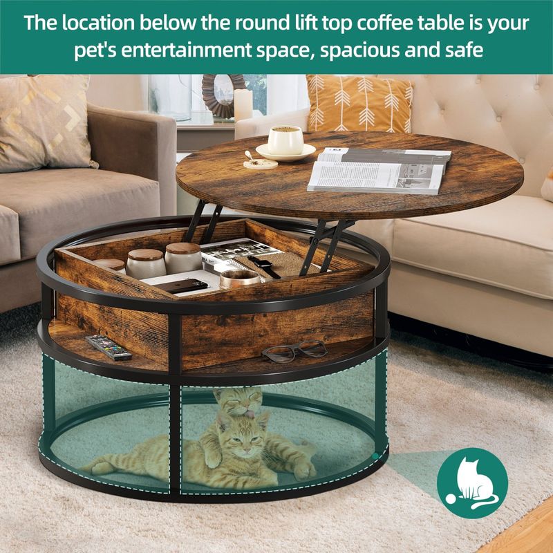 Yitahome | Farmhouse Lift Top Round Coffee Table With Storage In Brown