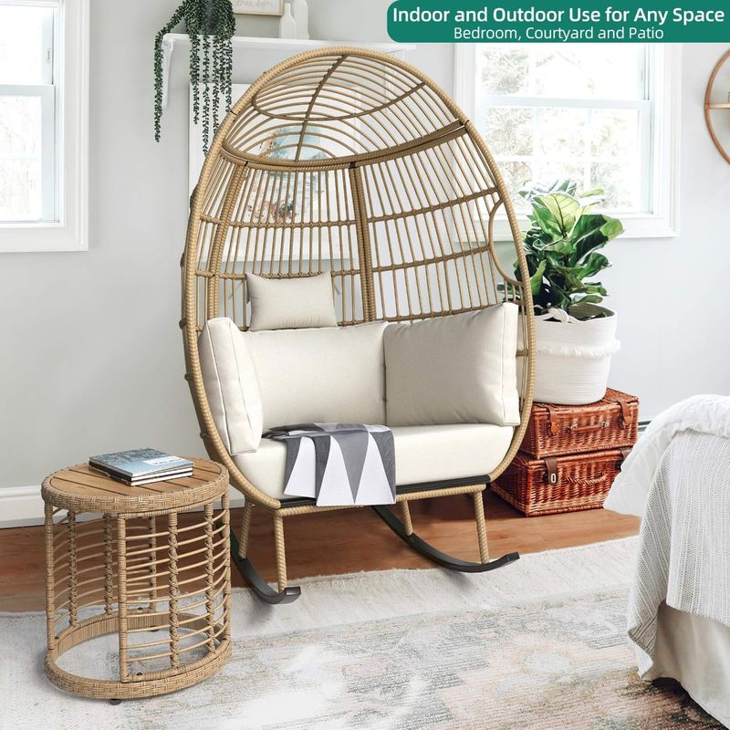 Yitahome | Outdoor Rocking Chair Wicker Egg Chair Beige Patio Lounge ...