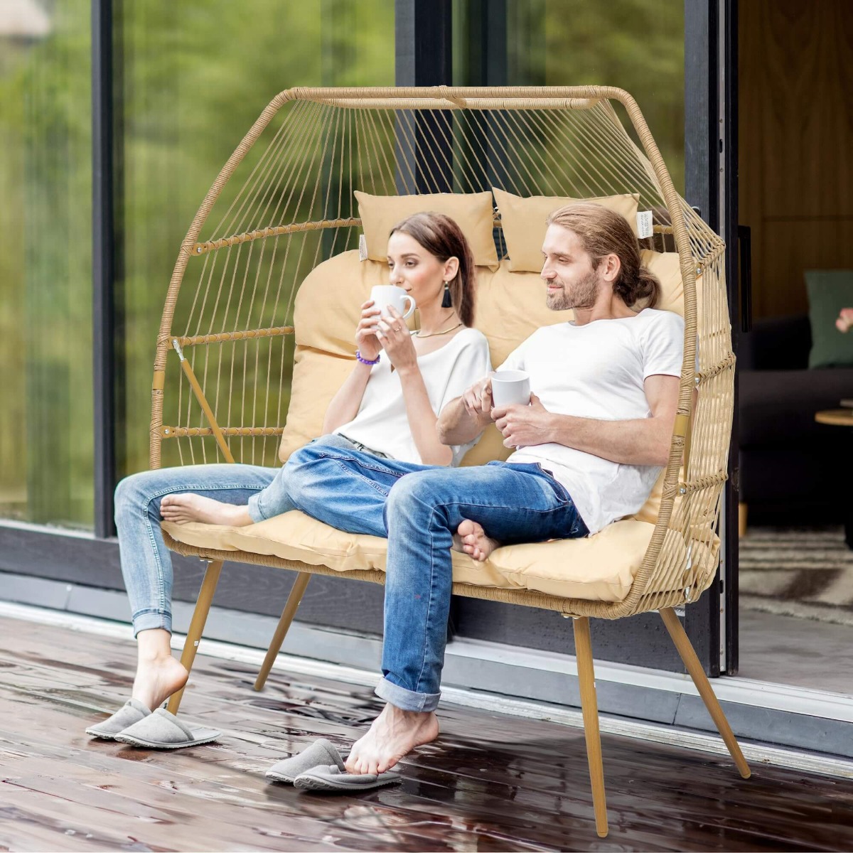 YITAHOME 2 Person Outdoor Indoor Yellow Wicker Double Egg Chair with Legs with Beige Cushions