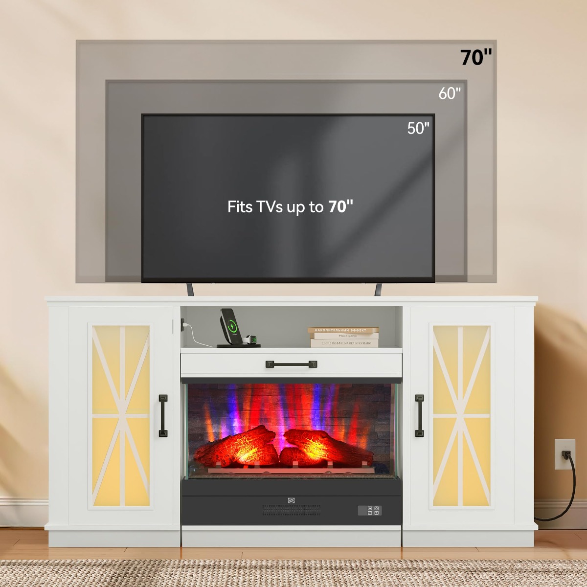 Yitahome | 60 Inch Led Tv Stands With Drawable Electric Fireplace In White