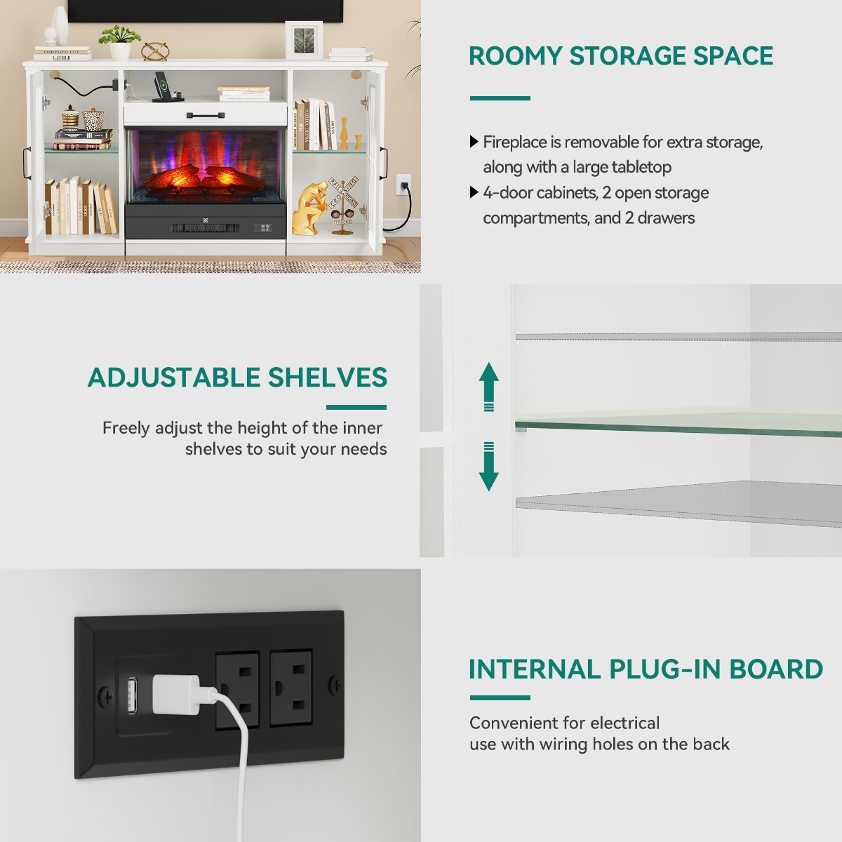 Yitahome | 60 Inch Led Tv Stands With Drawable Electric Fireplace In White
