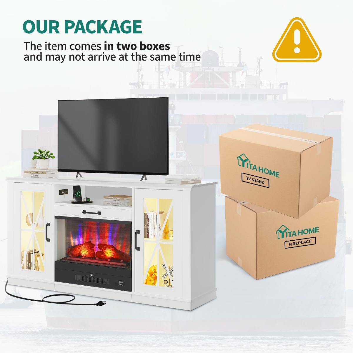 Yitahome | 60 Inch Led Tv Stands With Drawable Electric Fireplace In White